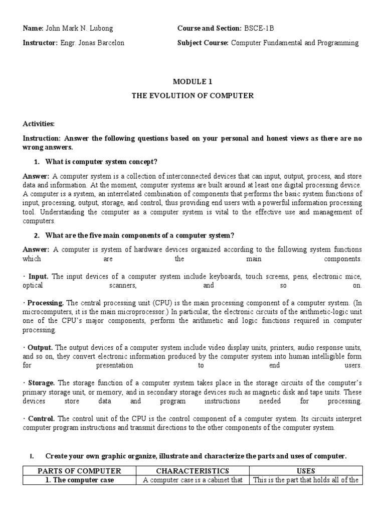 John Mark Lubong Bsce 1D Module 1 Activities Computer Fundamental ... John Mark Lubong Bsce 1D Module 1 Activities Computer Fundamental ...
