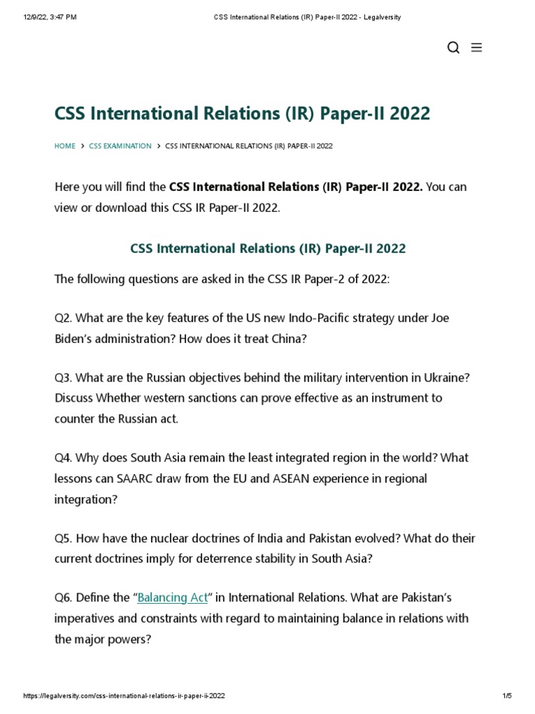 CSS International Relations (IR) Paper-II 2022 - Legalversity | PDF ...