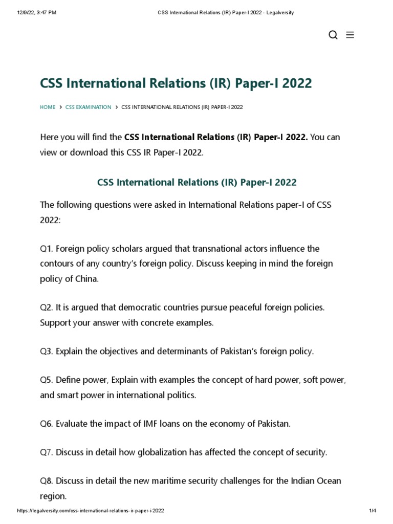 CSS International Relations (IR) Paper-I 2022 - Legalversity | PDF