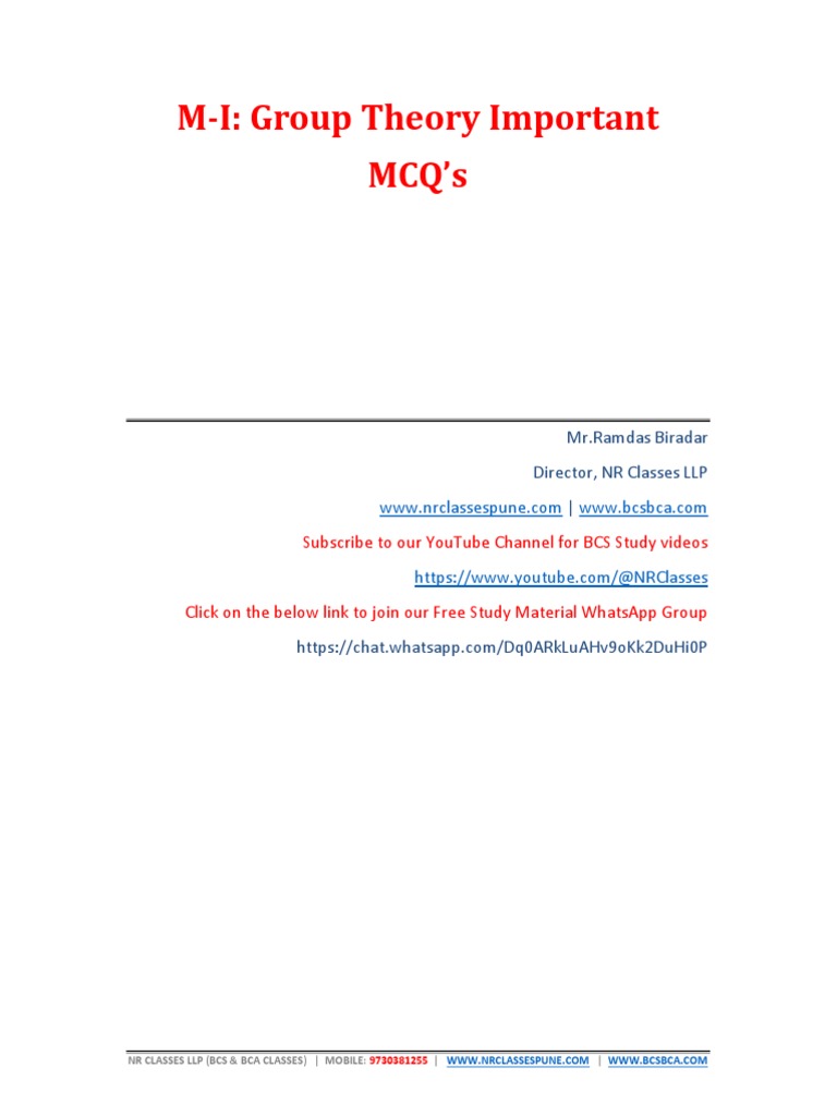 Maths - I - Group Theory Important MCQs | PDF | Group (Mathematics) | Determinant
