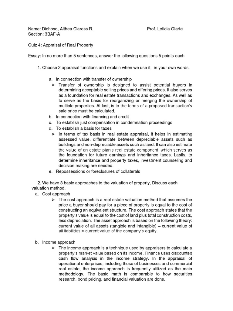 An Analysis of Real Property Appraisal Functions and Valuation Approaches | PDF | Valuation ...