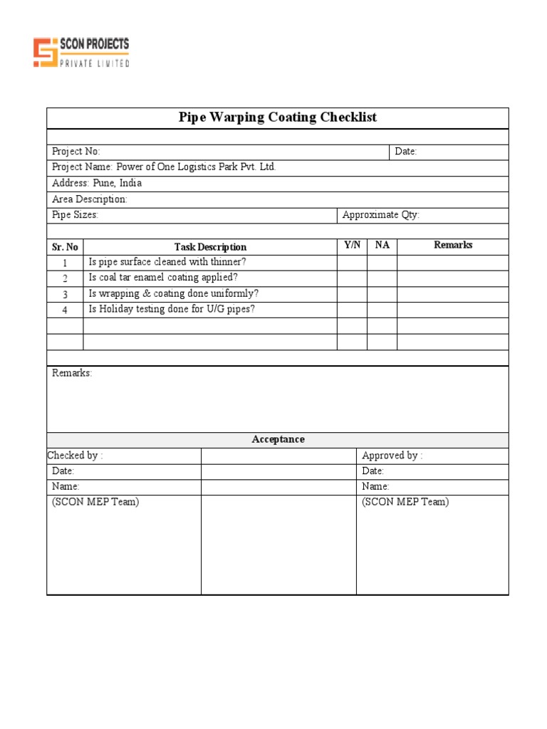 Pipe Wraping Coating Checklist | PDF