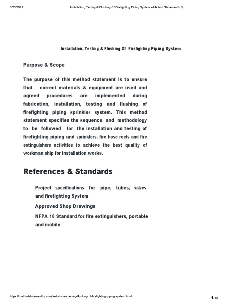 Installation, Testing & Flushing of Firefighting Piping System - Method ...