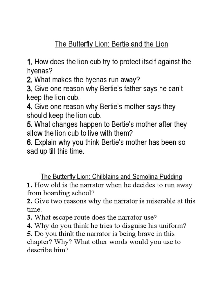 The Butterfly Lion Half Term Reading Task | PDF