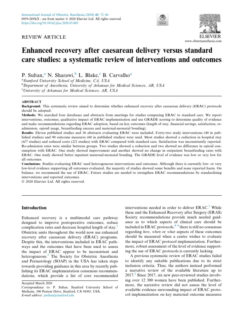 A Systematic Review of Enhanced Recovery After Caesarean Delivery (ERAC ...