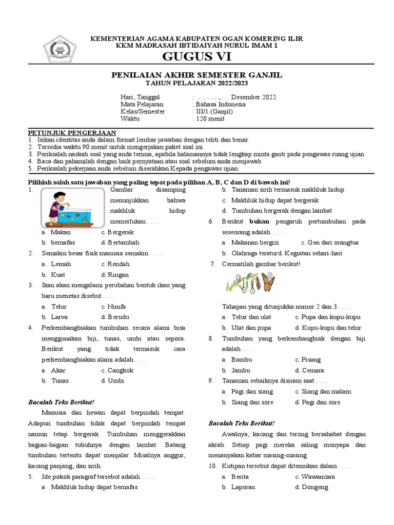 Soal PAS Bindo Kelas III 2022 | PDF