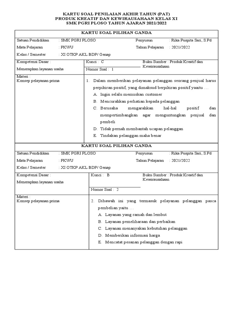 Kartu Soal Pkwu Xi Otkp Akl BDP Burika | PDF