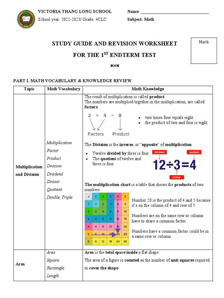Grade 4 Math Revision Guide | PDF | Area | Multiplication