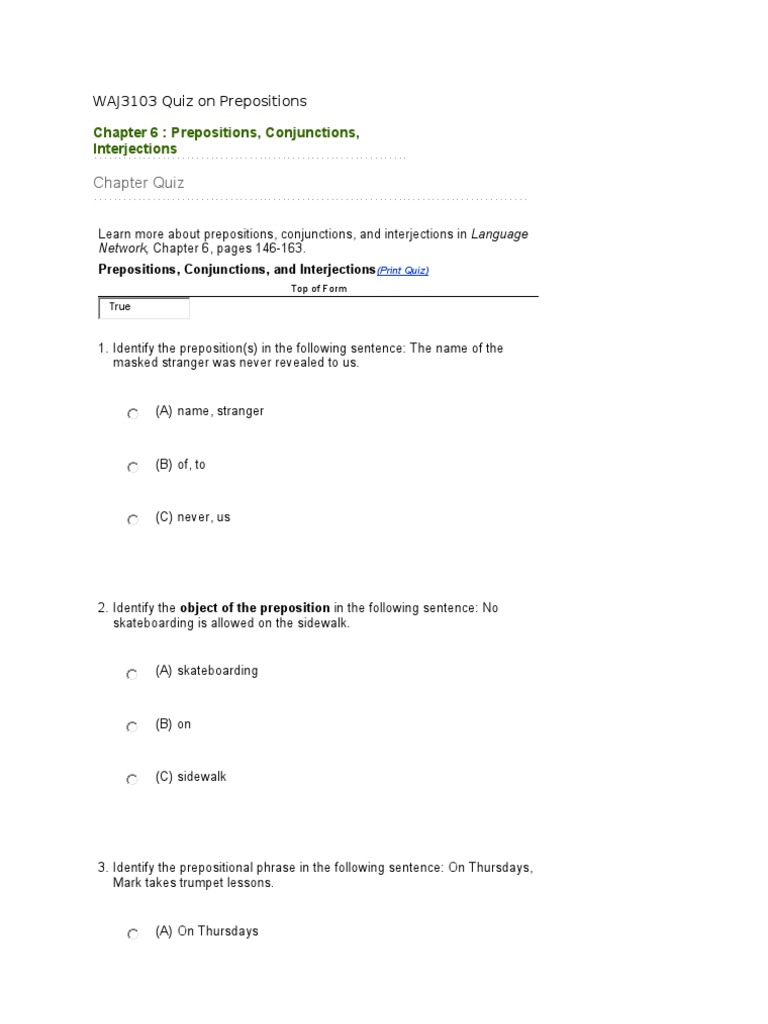 Prepositions Quiz and Worksheet | PDF | Language Arts & Discipline