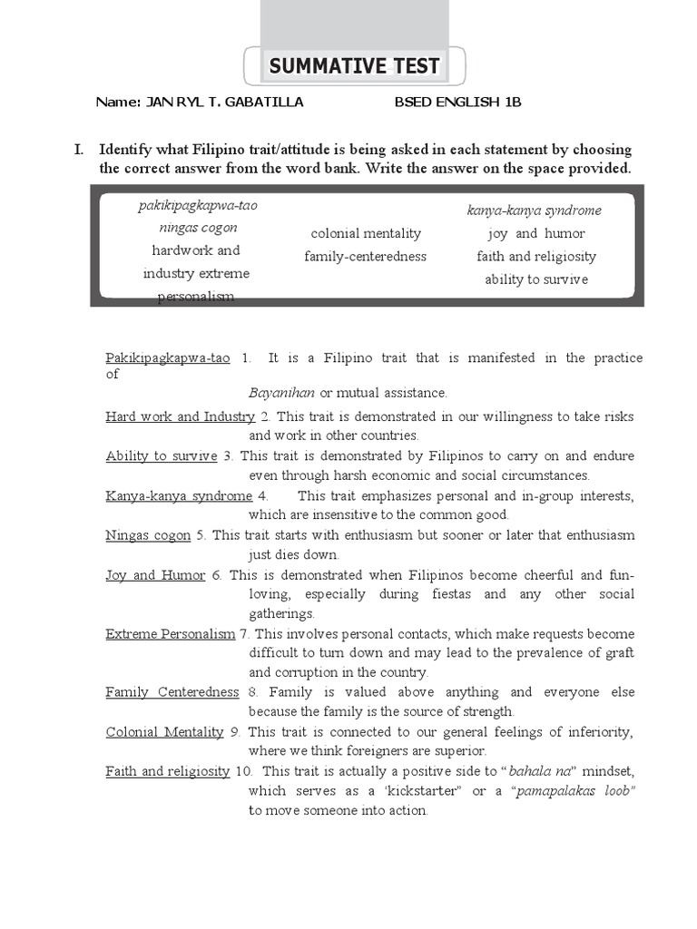 Filipino Traits and Political Identity Test | PDF | Crimes | Crime ...