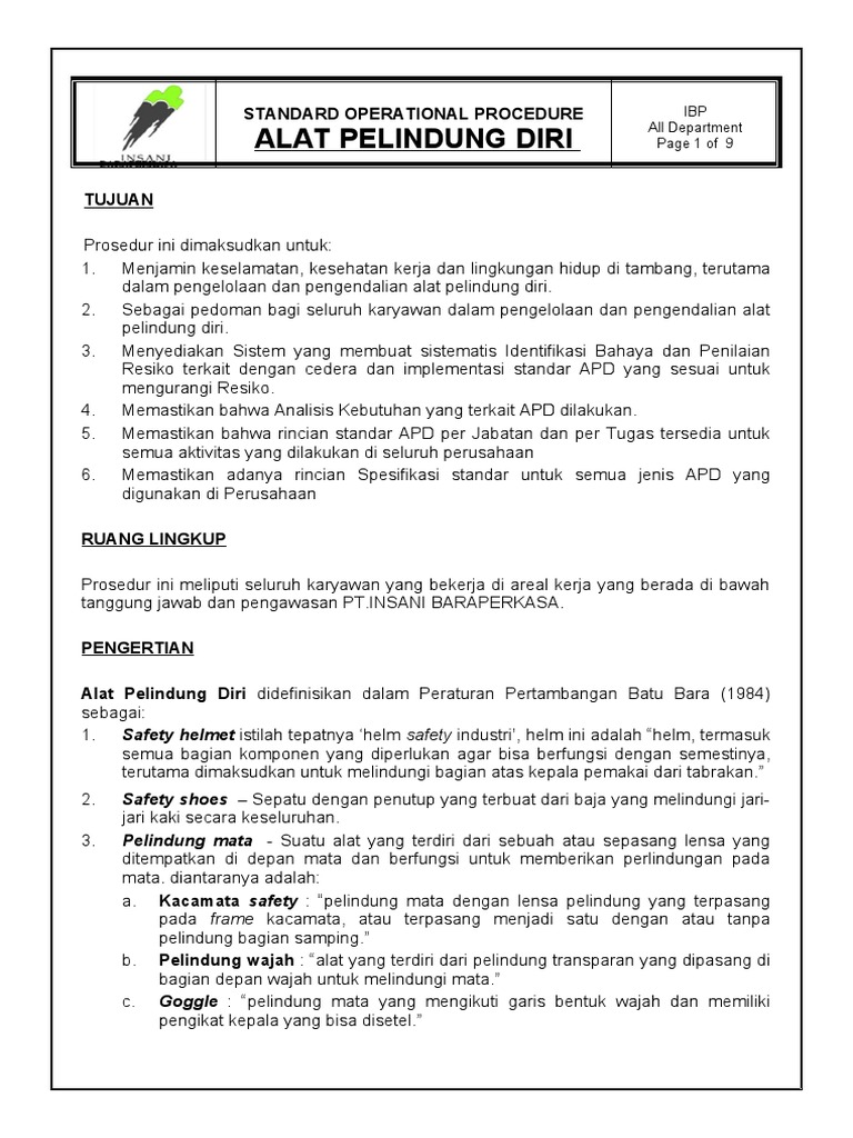 IBP-SOP - 009 Alat Pelindung Diri | PDF