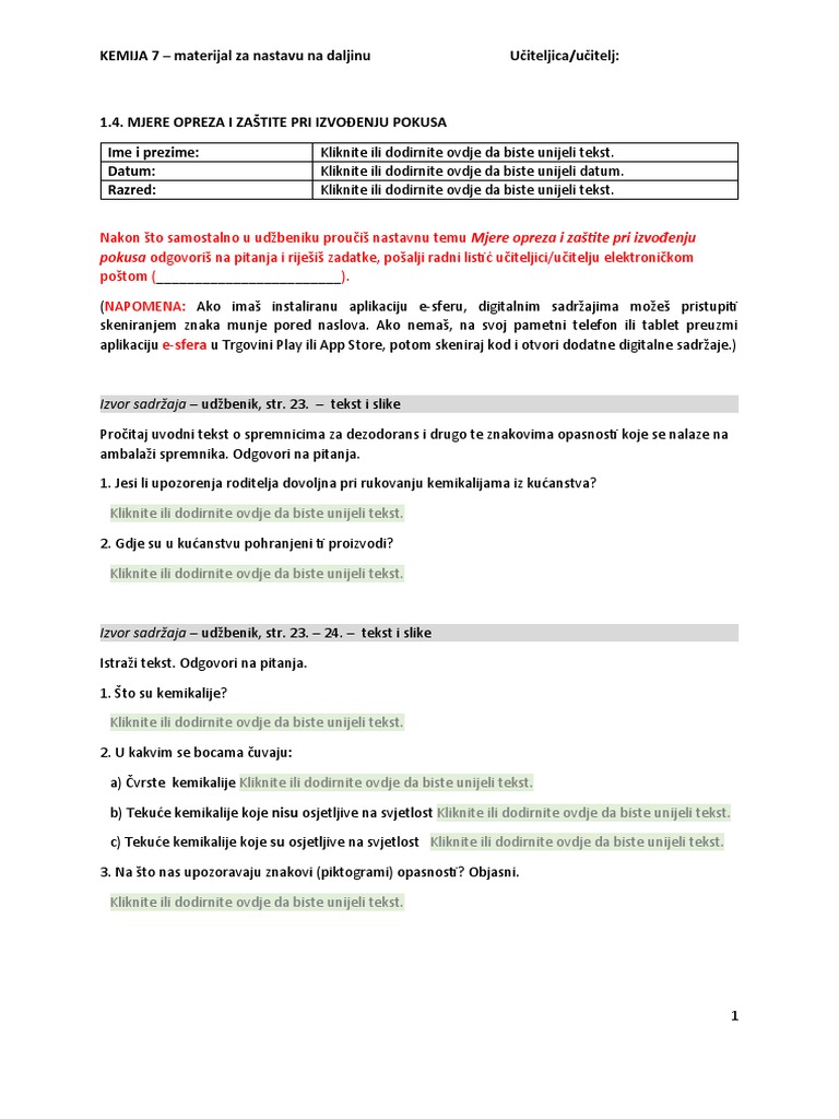 Kemija 7 - 1.4. Mjere Opreza I Za#U0161tite Pri Izvo#U0111enju Pokusa | PDF