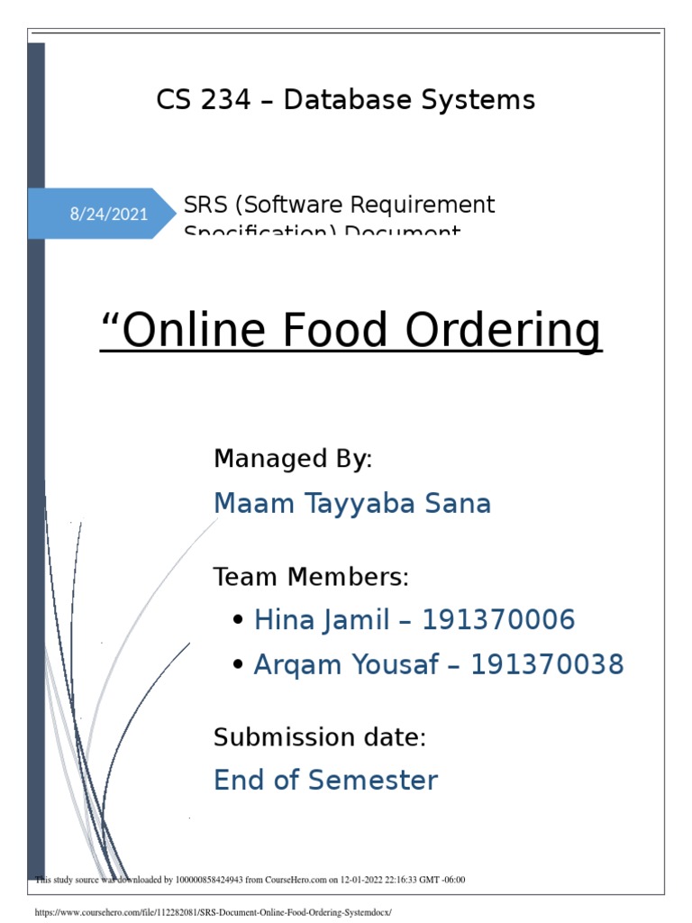 SRS Document Online Food Ordering System | PDF | Databases | User (Computing)