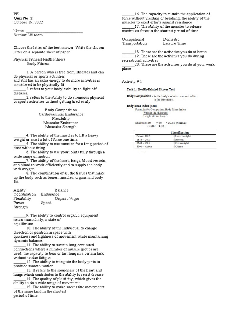PE Quiz No. 2 | PDF | Skeletal Muscle | Flexibility (Anatomy)