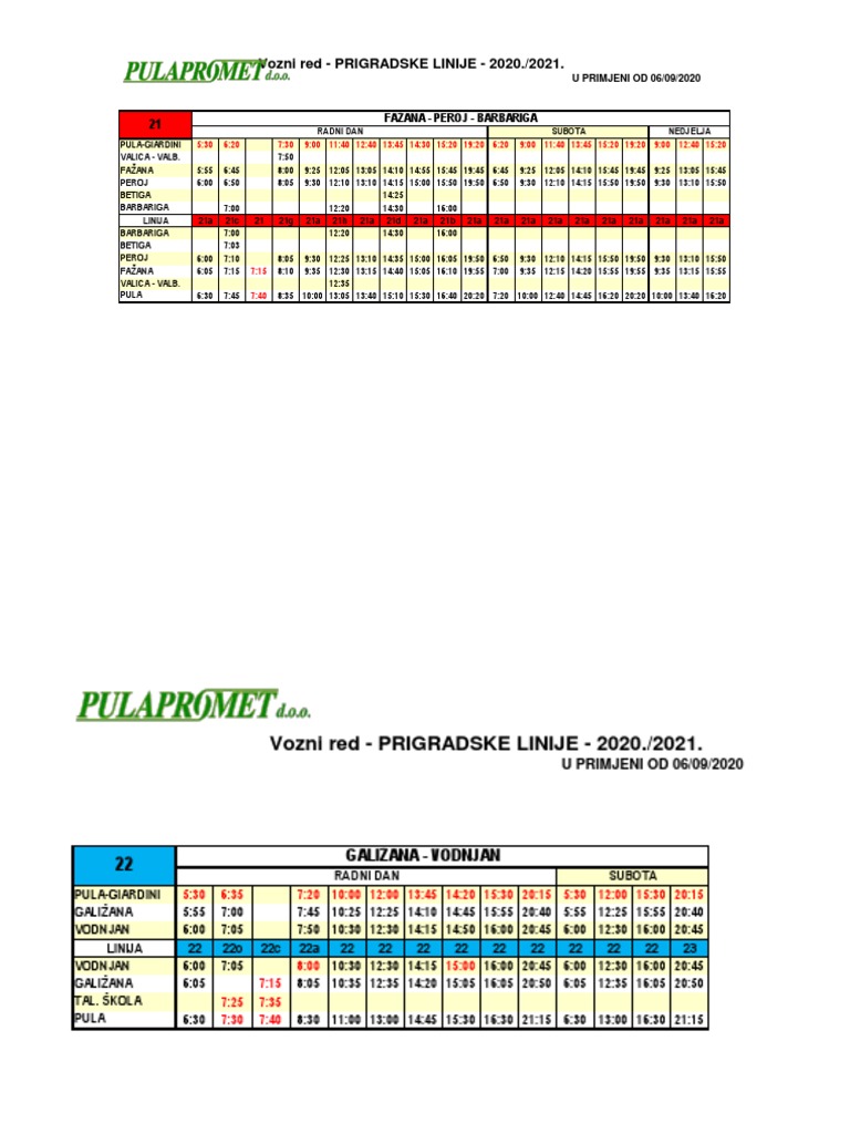 Vozni Red Pulapromet | PDF