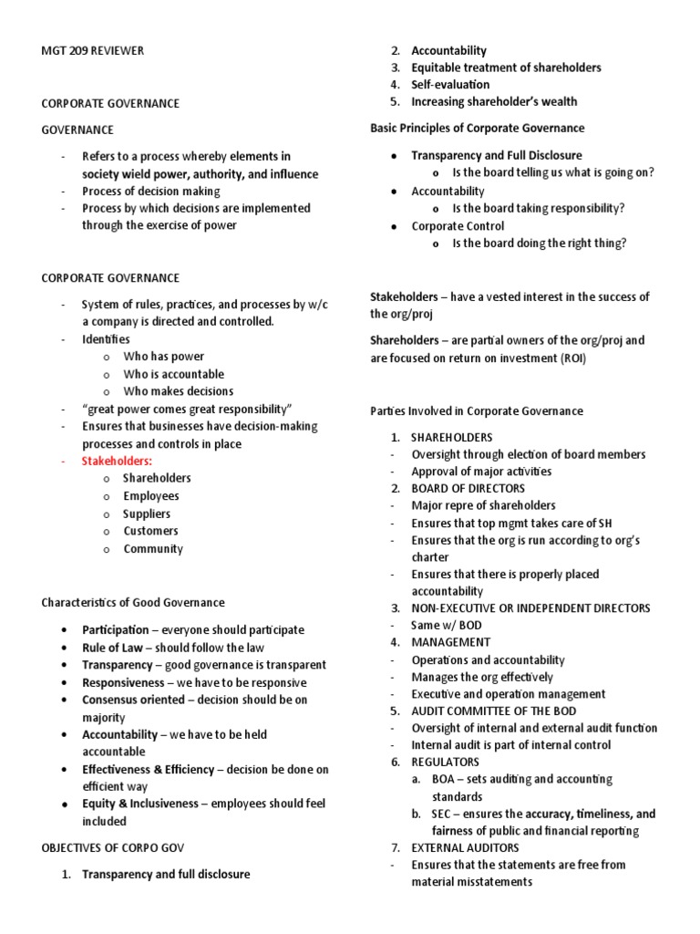 MGT 209 Reviewer | PDF | Audit | Governance