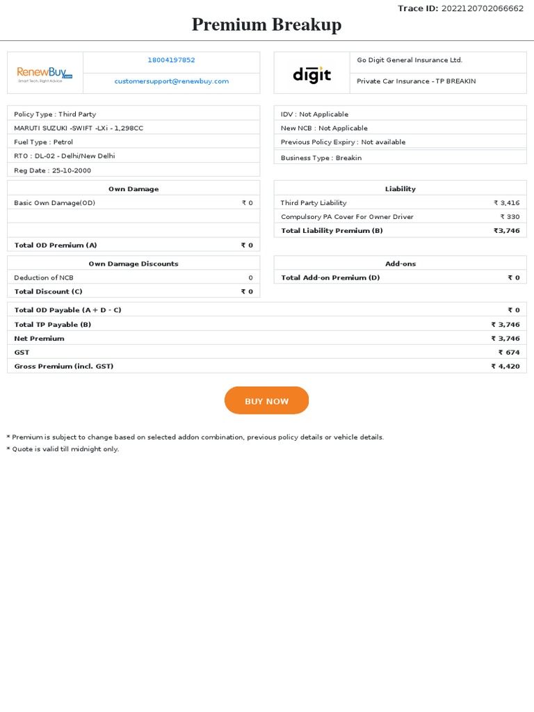 Swift VXI Insurance Premium Breakdown | PDF | Insurance | Vehicle Insurance