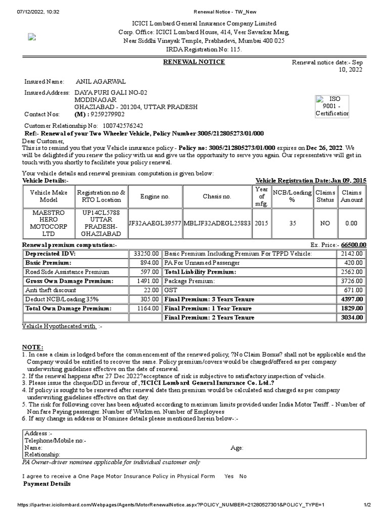 Renewal Notice - Tw-Anilagr | PDF | Insurance | Underwriting