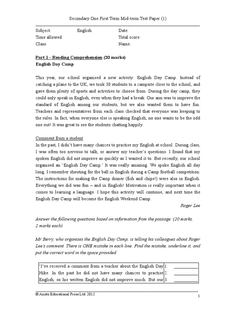 S1 (First Term) Mid-Term Test Paper (1) - Question - and - Answer | PDF ...