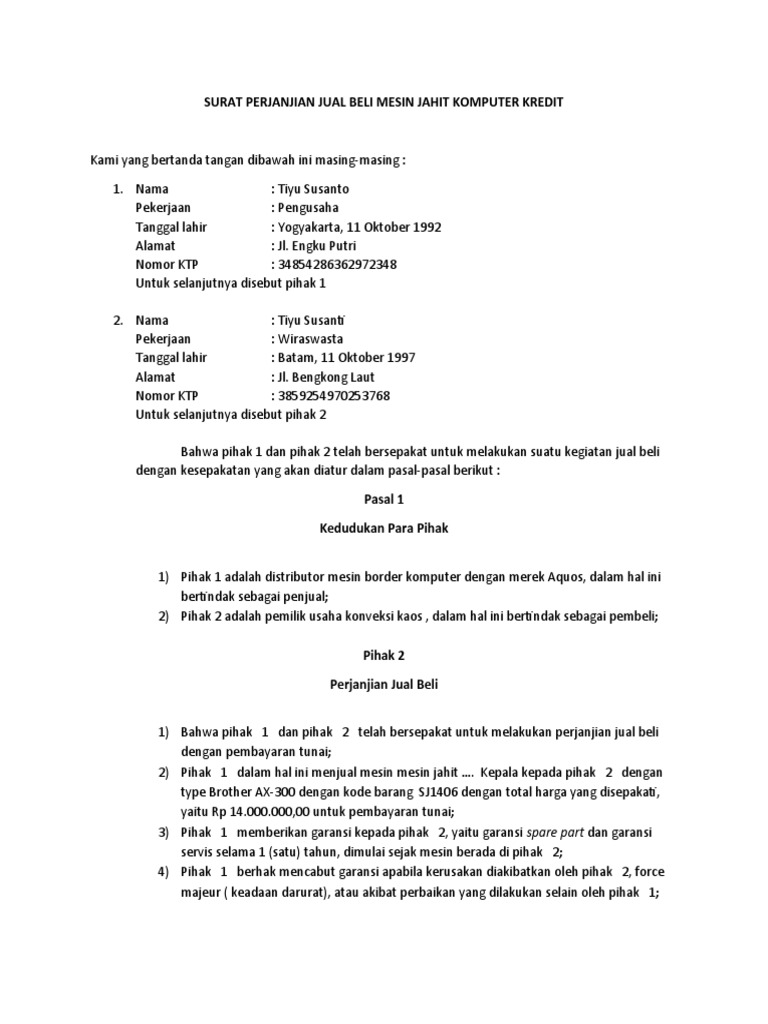 Surat Perjanjian Jual Beli Mesin Jahit | PDF