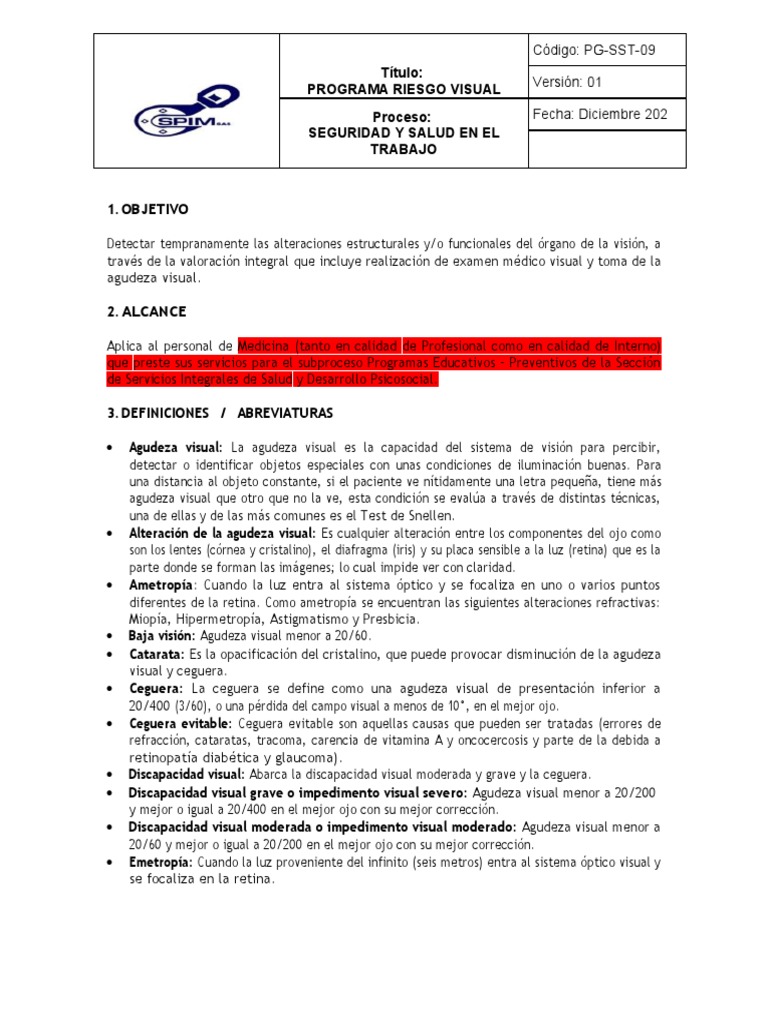 PG-SST-09 Programa Prevencion Riesgo Visual | PDF | Ojo humano ...