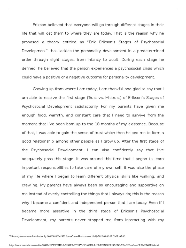 Wrtite A Short Story of Your Life Using Erikson S Stages As A Framework | PDF | Human ...