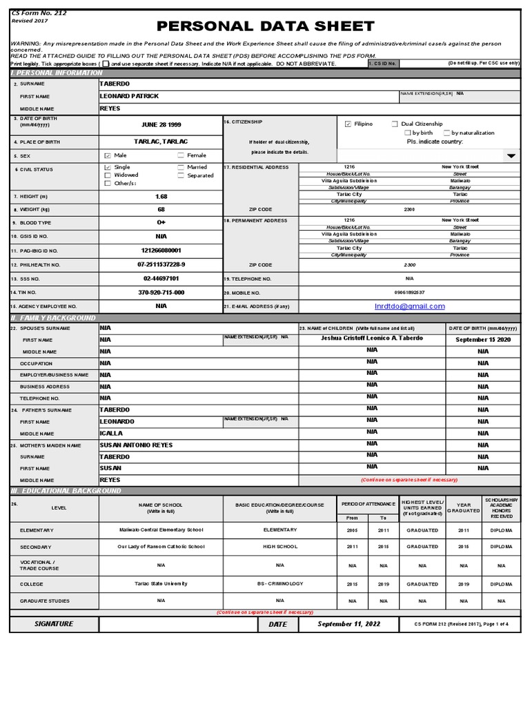 Personal Data Sheet | PDF