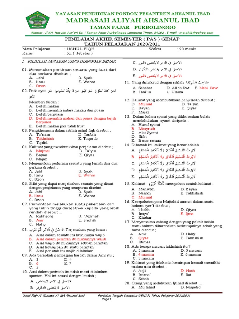 Soal Pas Genap Ushul Fiqh Xi Ma Ahib | PDF