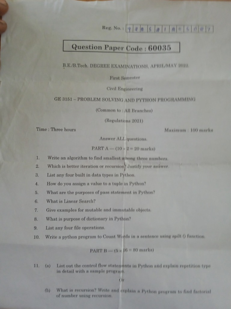 Arrear Question Paper Python 3151 Pdf Python Programming Language Programming