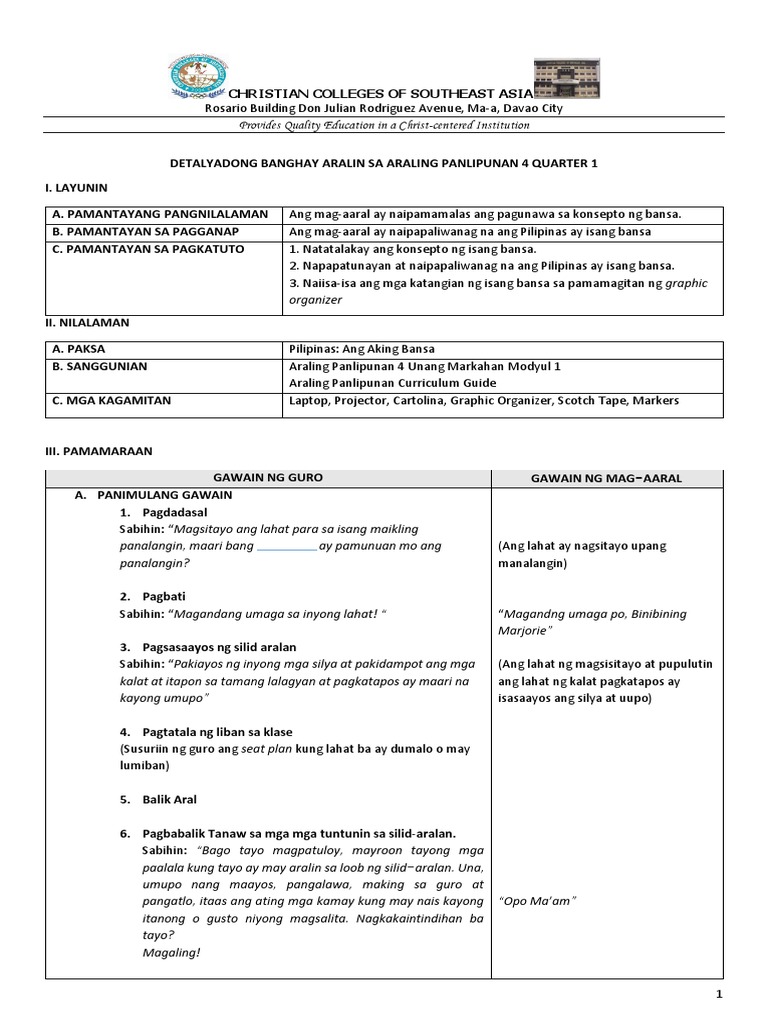 Apat Na Detalyadong Banghay Aralin Sa Araling Panlipunan 4 | PDF