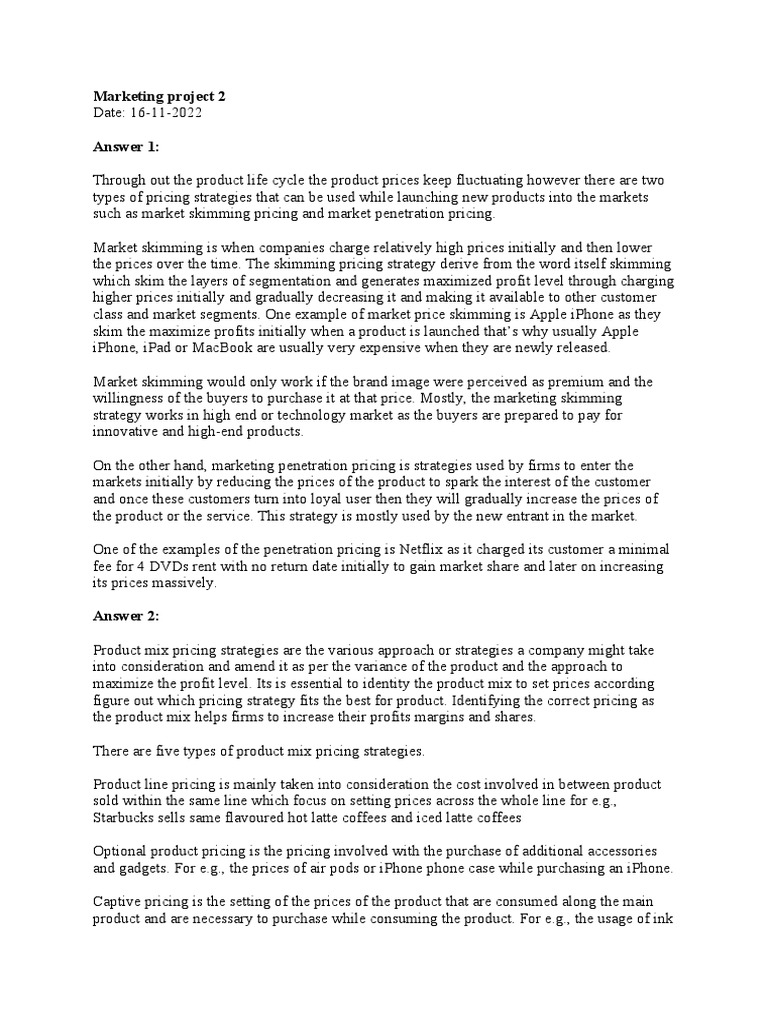 Marketing Project Download Free Pdf Pricing Prices