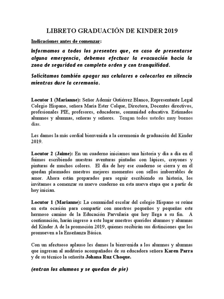 LIBRETO GRADUACIÓN DE KINDER 2019 - Revisado Final | PDF | Educación de la primera infancia ...