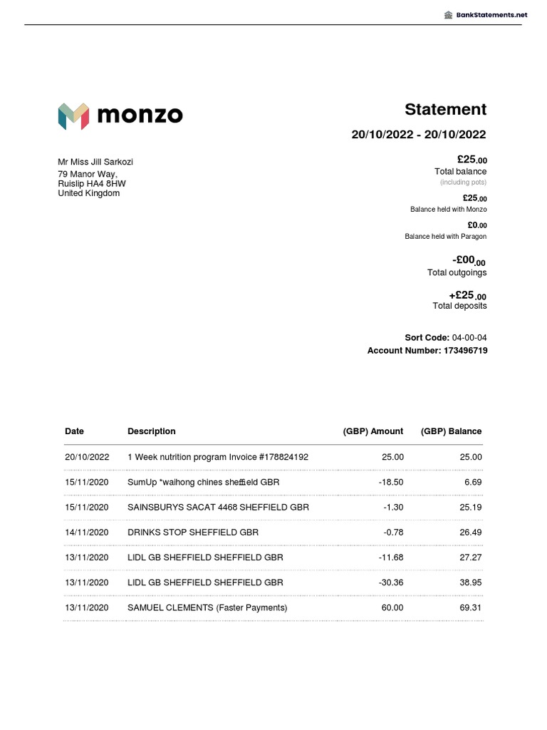 Monzo Bank Statement Overview | PDF | Financial Services | Services ...