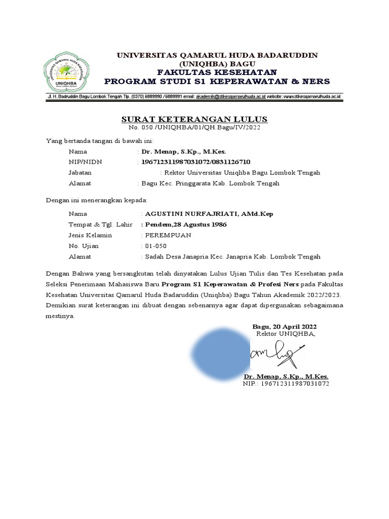 Surat Keterangan Lulus S1 Keperawatan UNIQHBA | PDF