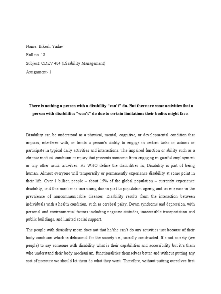 Disability Managment Assignment 1 | PDF | Disability | Psychology