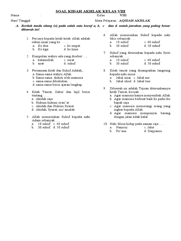 Soal Akidah Akhlak Kelas Viii | PDF