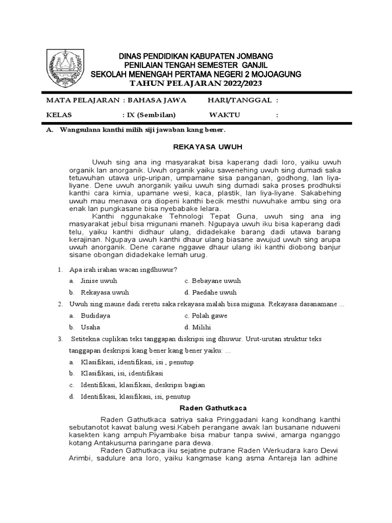 Soal Pts B.jawa Kls 9 Ganjil 22-23 B.suci | PDF