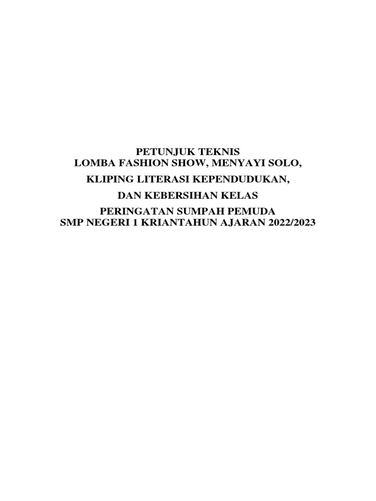 Juknis Lomba Fashion Show, Menyanyi Solo, Kliping Literasi Kependudukan, Dan Kebersihan Kelas | PDF