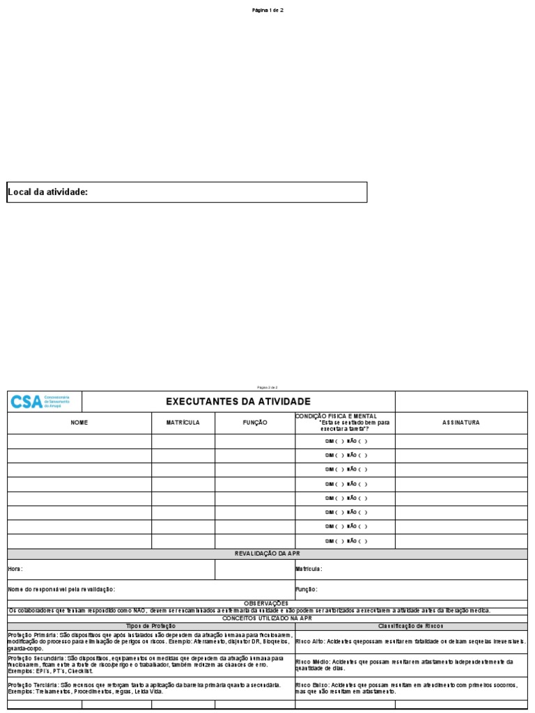 Modelo de APR - Padrão - CSA | PDF
