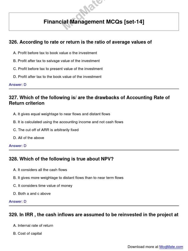 Financial Management MCQs Set 14 | PDF | Internal Rate Of Return | Net Present Value