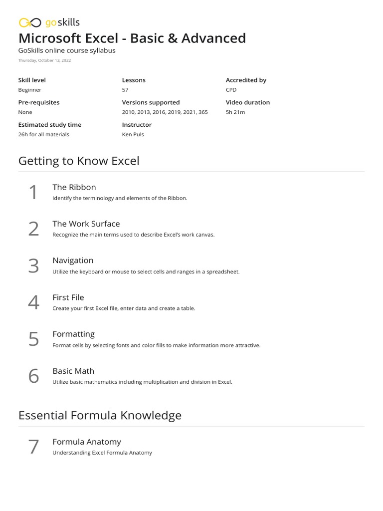 Microsoft Excel - Basic & Advanced - GoSkills Course Syllabus | PDF | Microsoft Excel | Database ...