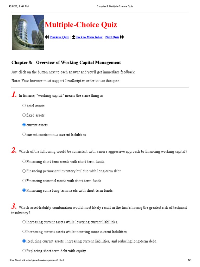 Chapter 8 Multiple-Choice Quiz (3rd) | Download Free PDF | Working Capital | Equity (Finance)