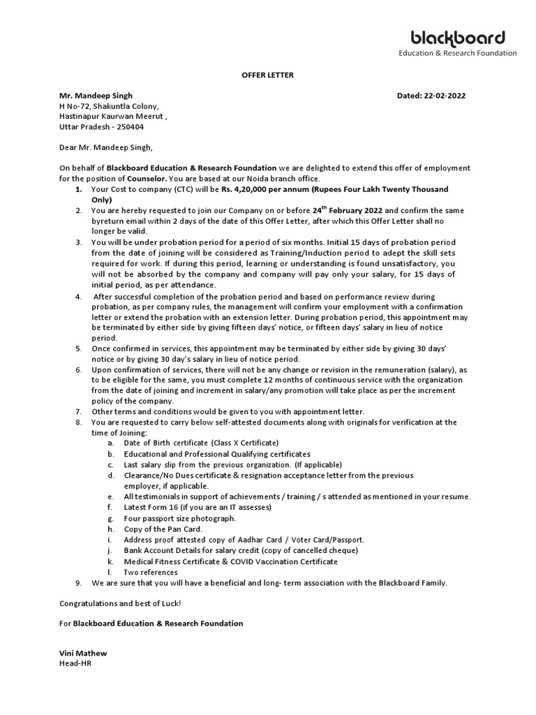Offer Letter - Mandeep Singh | PDF | Government