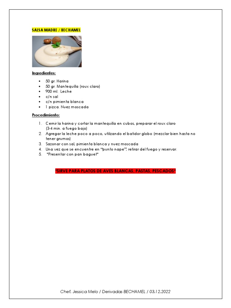 20 Salsas Derivadas de la Bechamel | PDF | Salsa | Preparación de ...