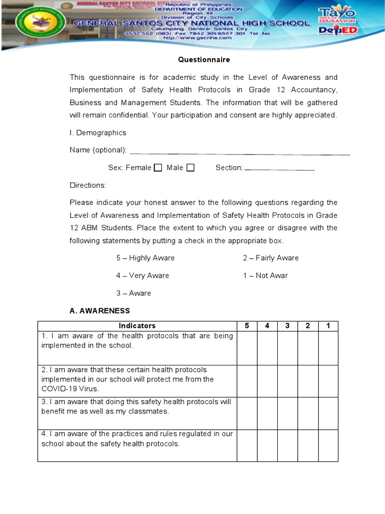 Grade 12 ABM Student Safety Awareness Survey | PDF