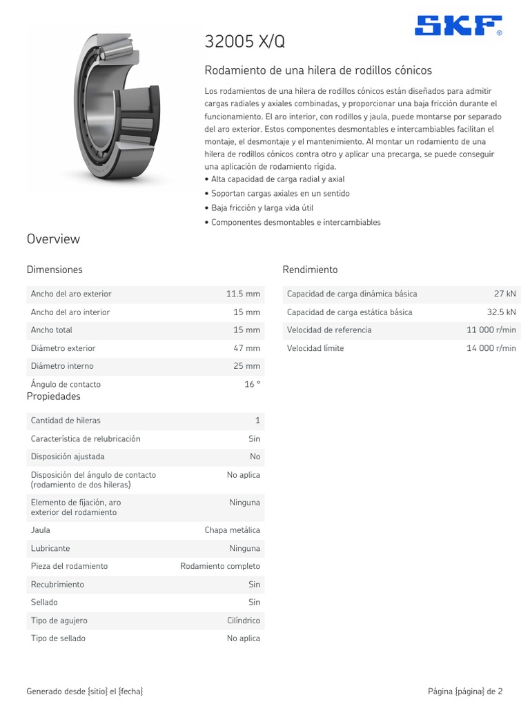 Rodamiento 32005 X - Q Marca SKF | PDF