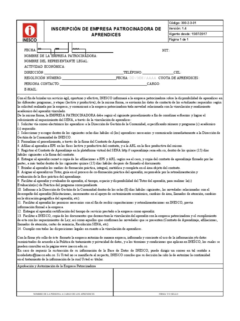 Formato Inscripcion de Empresa Patrocinadora de Aprendices Inesco | PDF ...