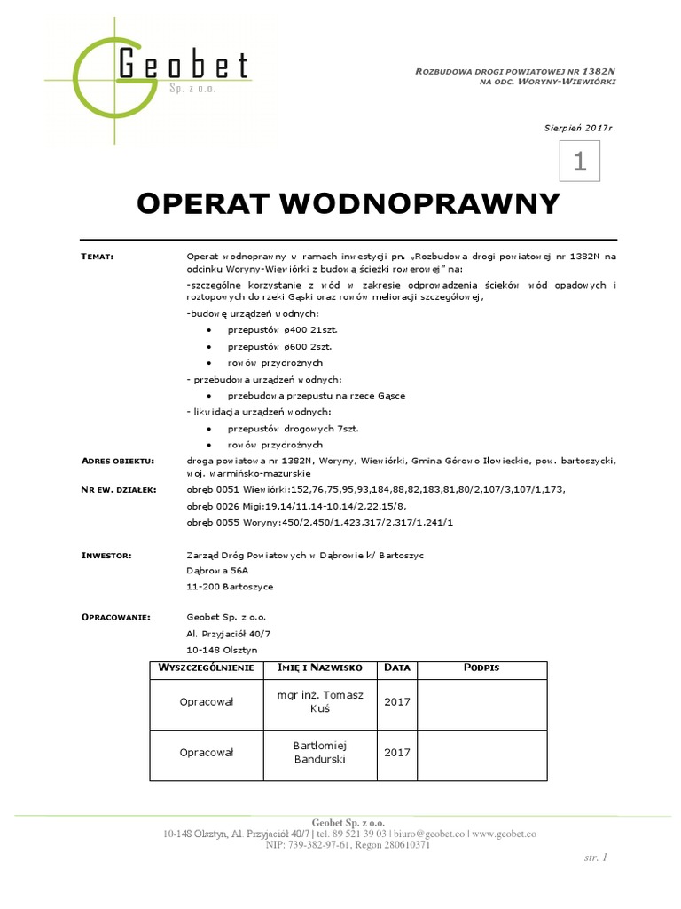 Operat Wodnoprawny (Załącznik NR 13) | PDF