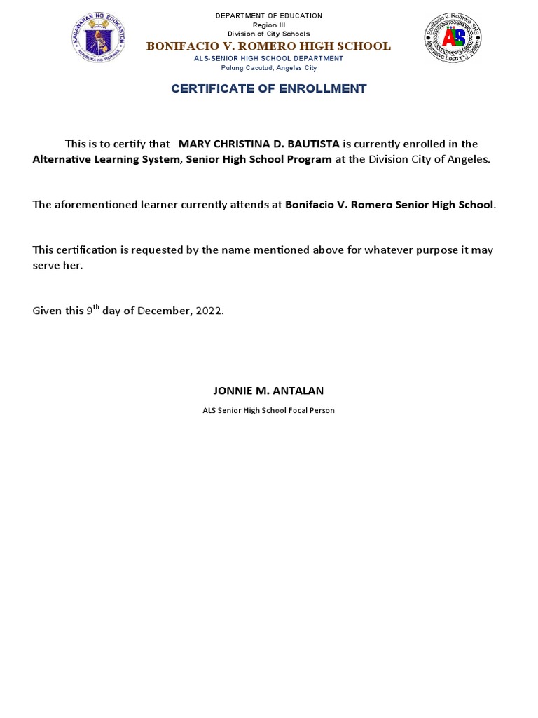 Certificate of Enrollment | PDF