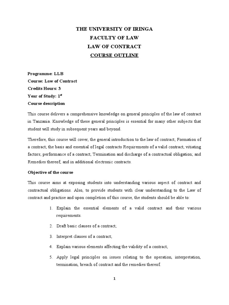 Law Of Contract Course Outline Pdf Offer And Acceptance Law And